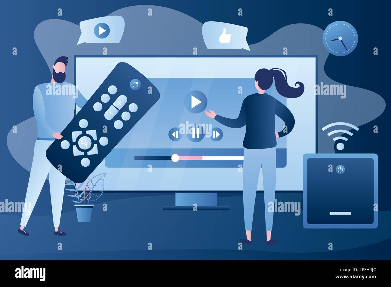 Love couple watch video with remote control and television multimedia ...