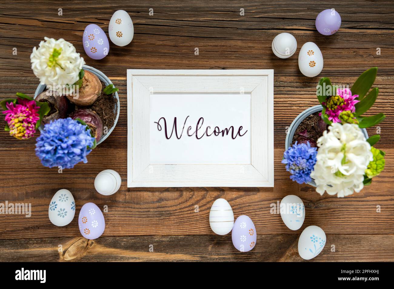 Spring Flowers With Easter Egg Decoration, English Text Welcome, Frame ...