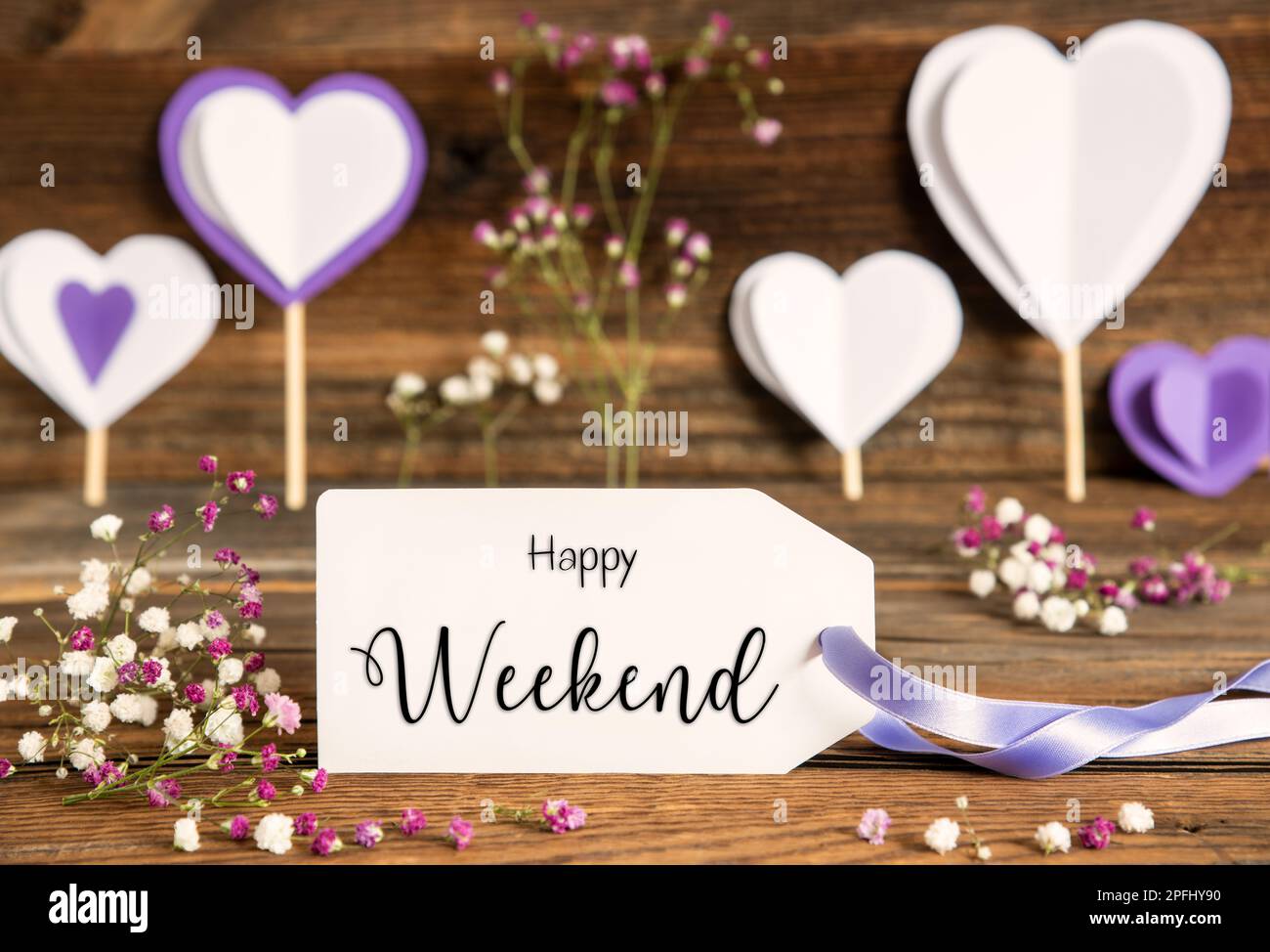 Label With Spring Flowers, Hearts, Text Happy Weekend Stock Photo - Alamy