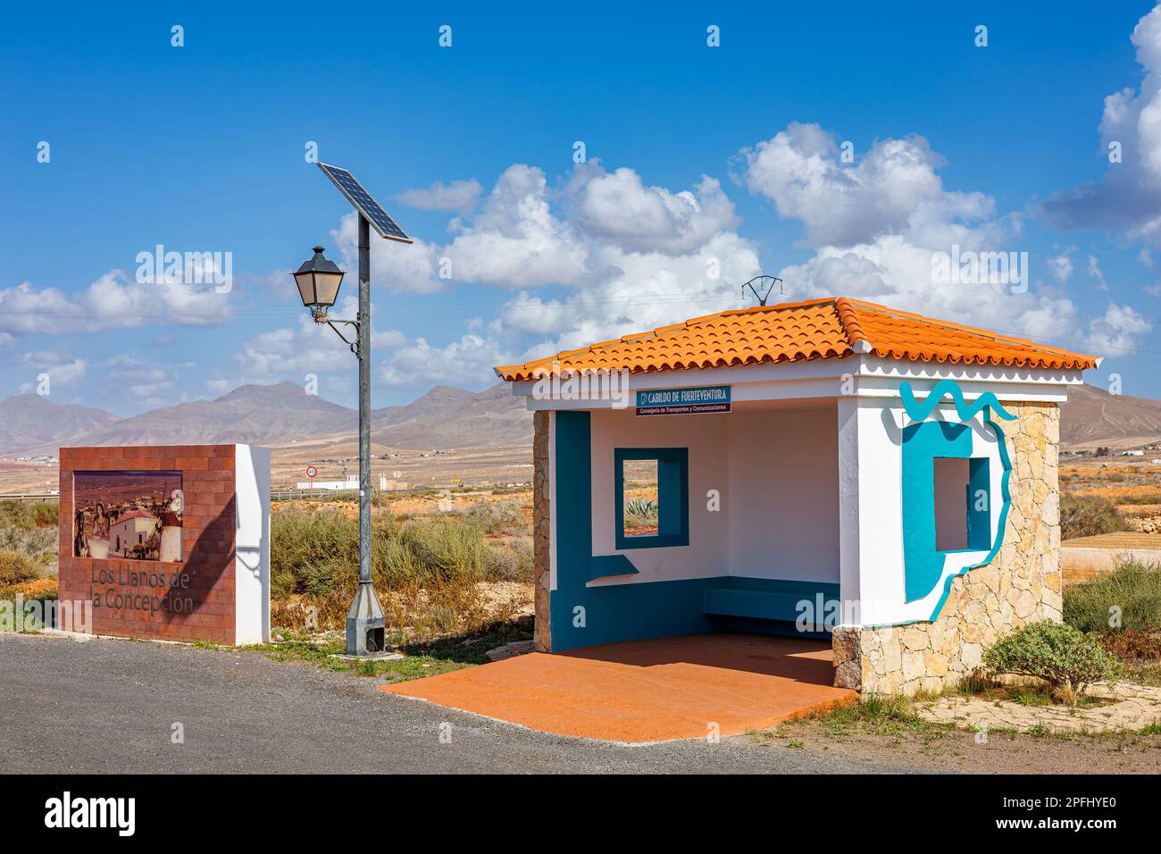 The typical bus stop at the village of Los Llanos on the island of ...
