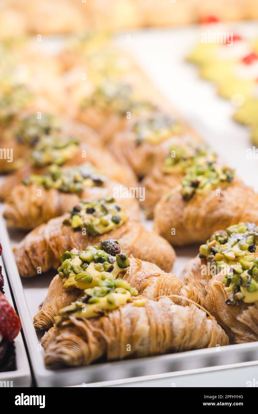 Italian Bakery counter, traditional Sicilian pastry with pistachio ...
