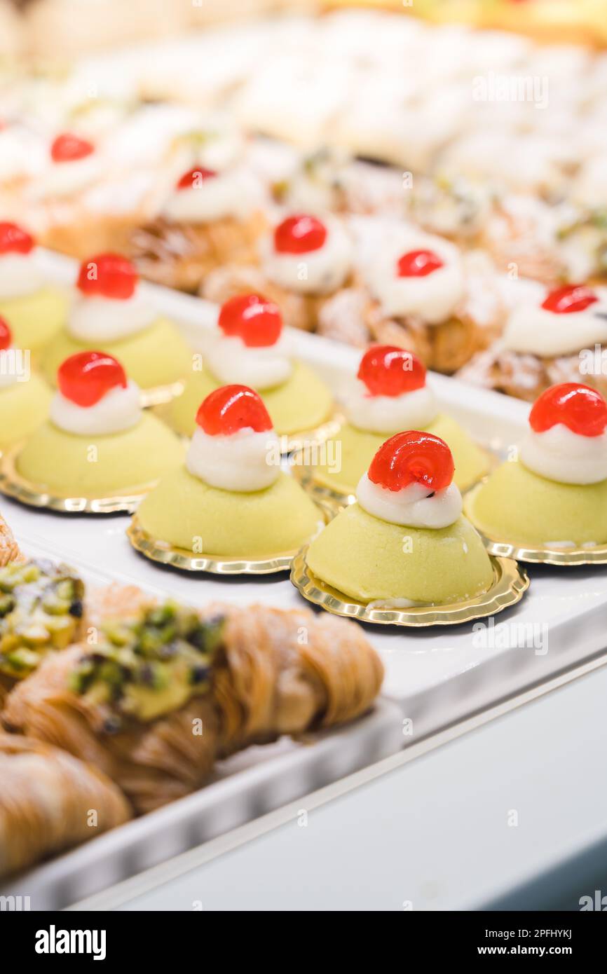 Italian Bakery counter, traditional Sicilian pastry. Fresh and tasty ...