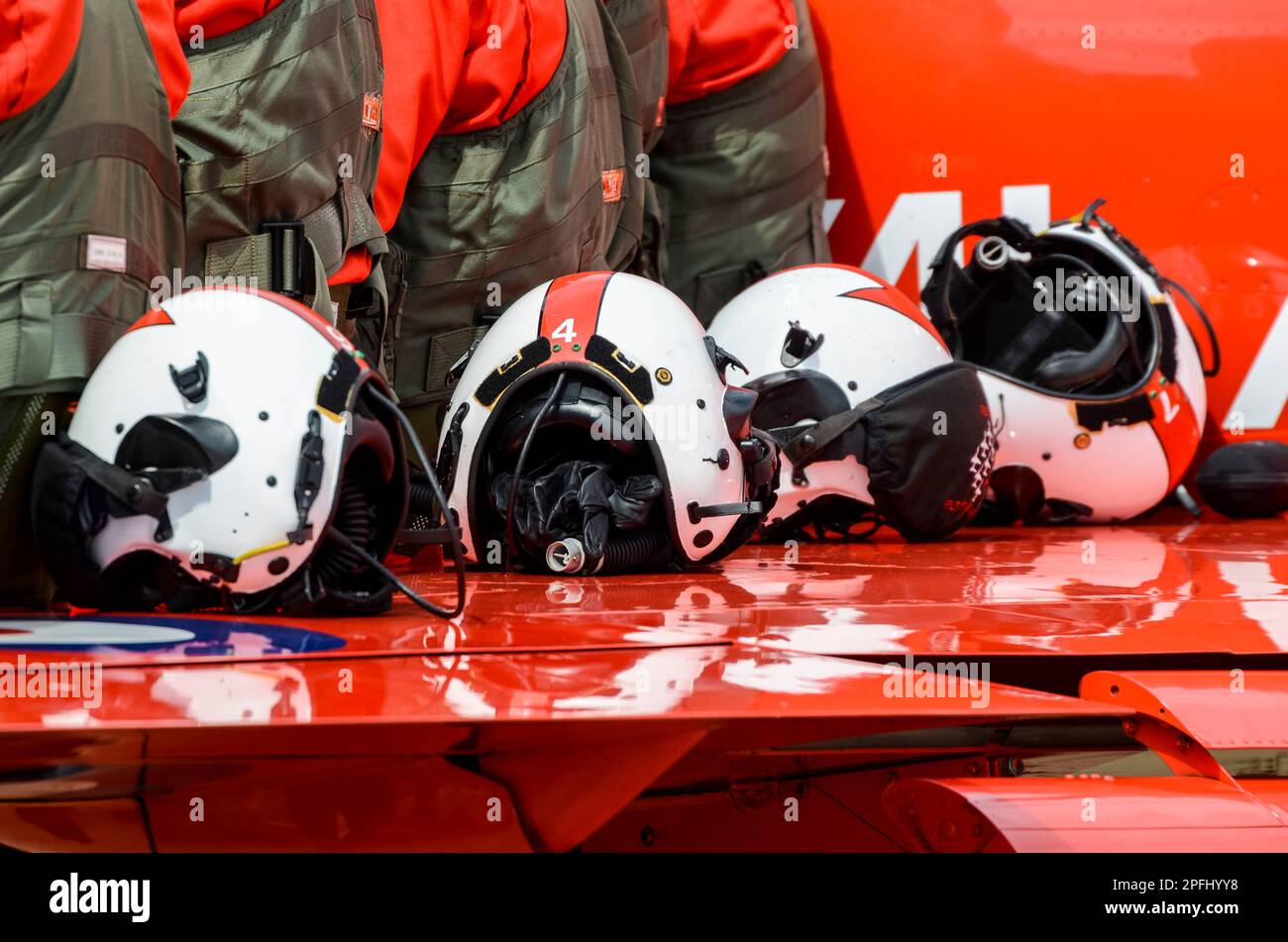 Royal Air Force, RAF Red Arrows display team pilots and their helmets ...