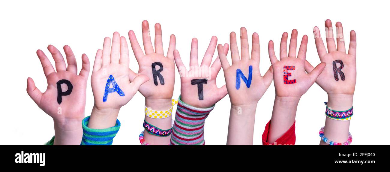 Children Hands Building Word Partner, White Background Stock Photo - Alamy