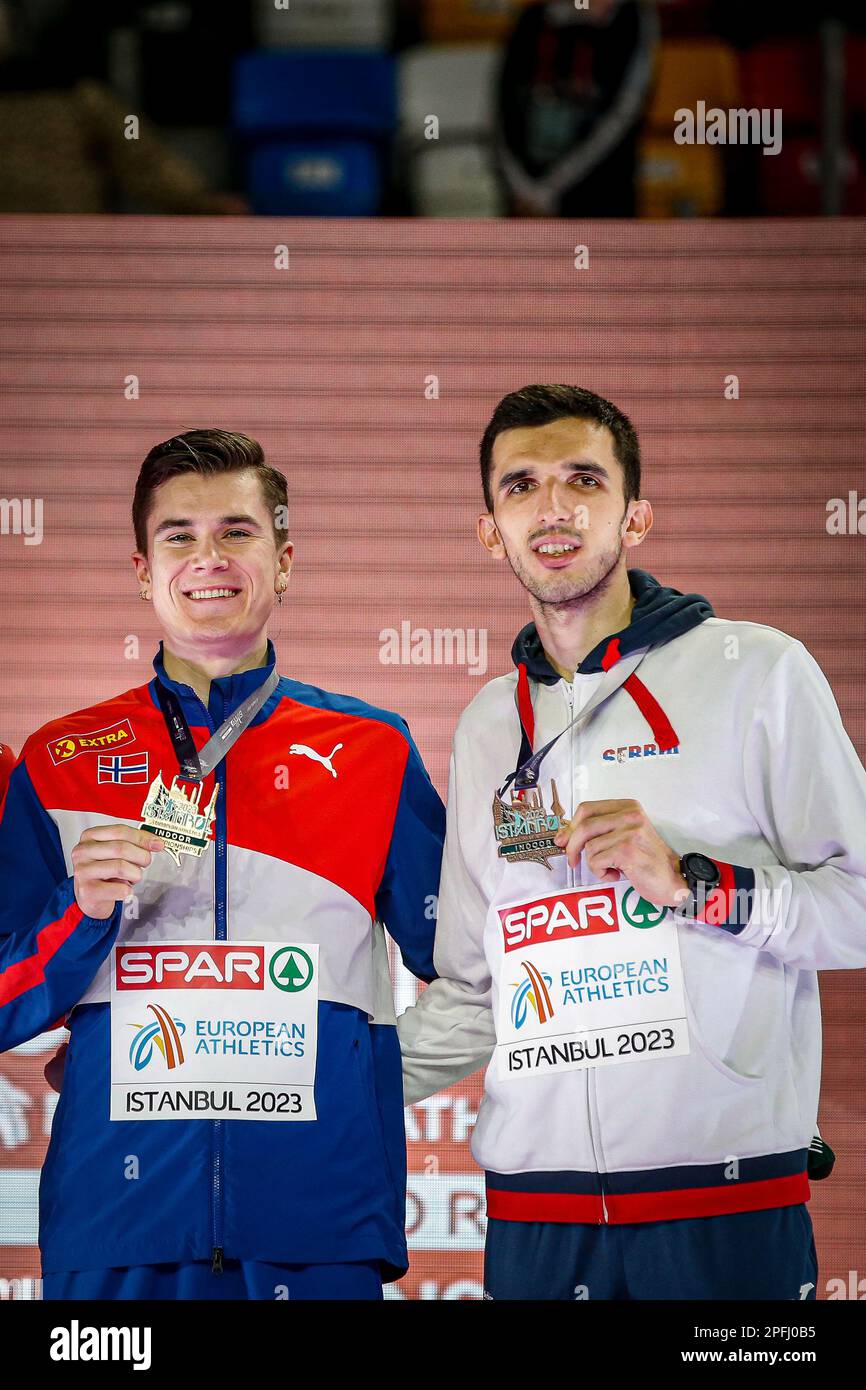 ISTANBUL, TURKEY - MARCH 05: Jakob Ingebrigtsen of Norway, Emir Bibic ...
