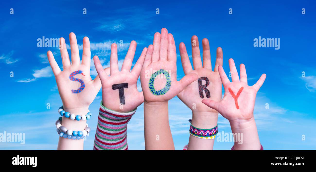 Children Hands Building Word Story, Blue Sky Stock Photo - Alamy