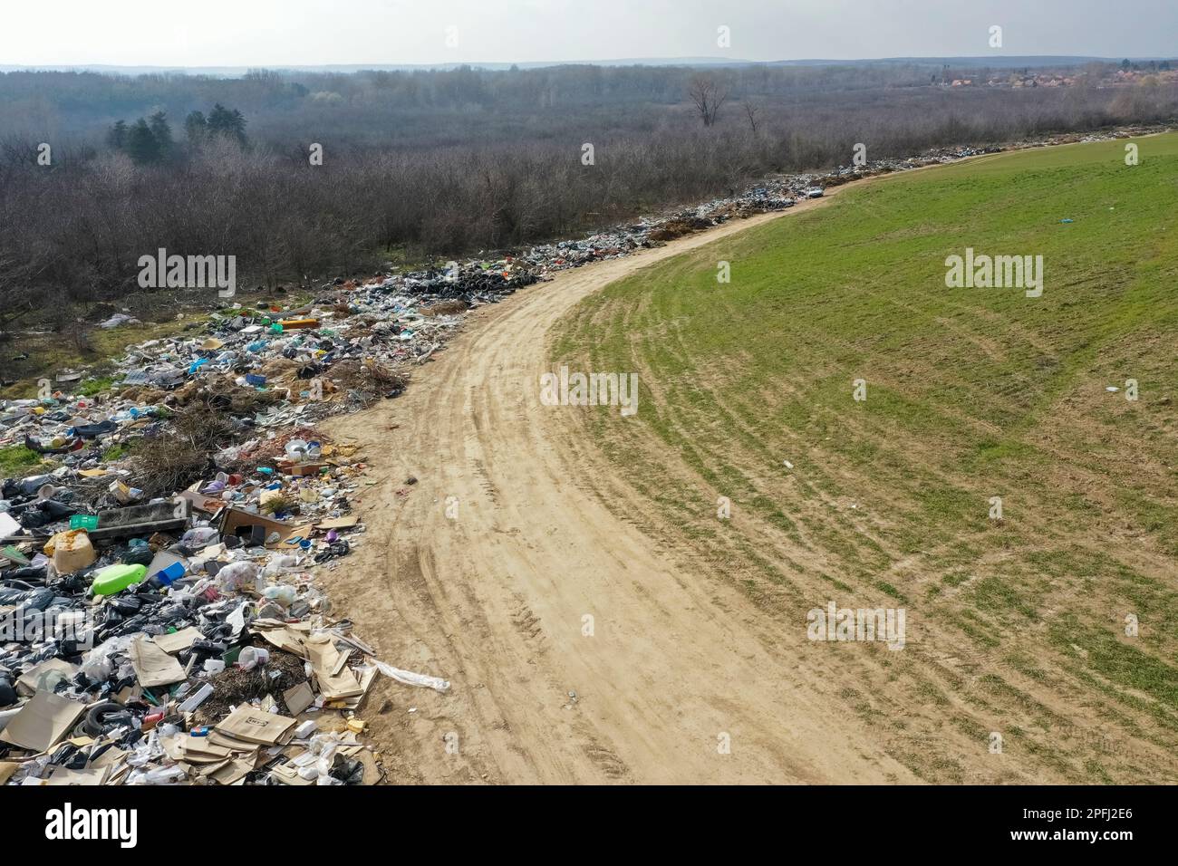 Amazing ecological pollution in Hungary. Near a town, there is a lot of ...