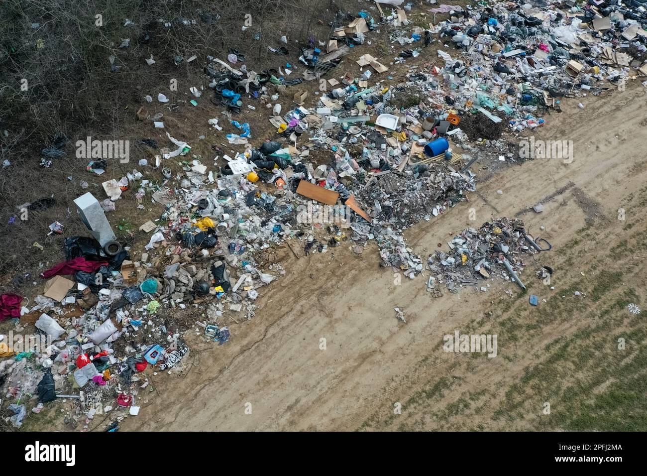 Amazing ecological pollution in Hungary. Near a town, there is a lot of ...