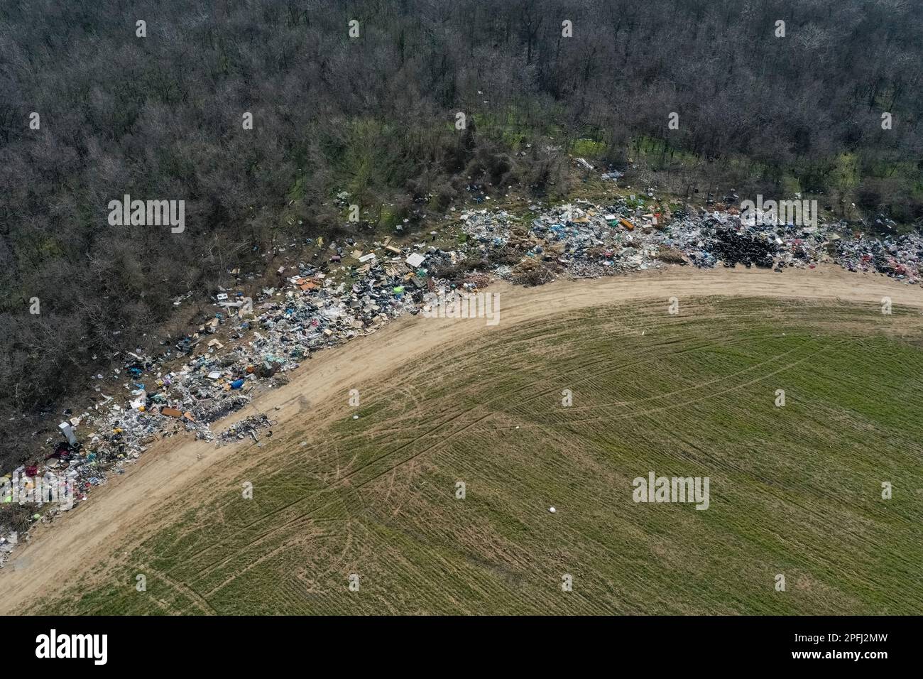 Amazing ecological pollution in Hungary. Near a town, there is a lot of ...