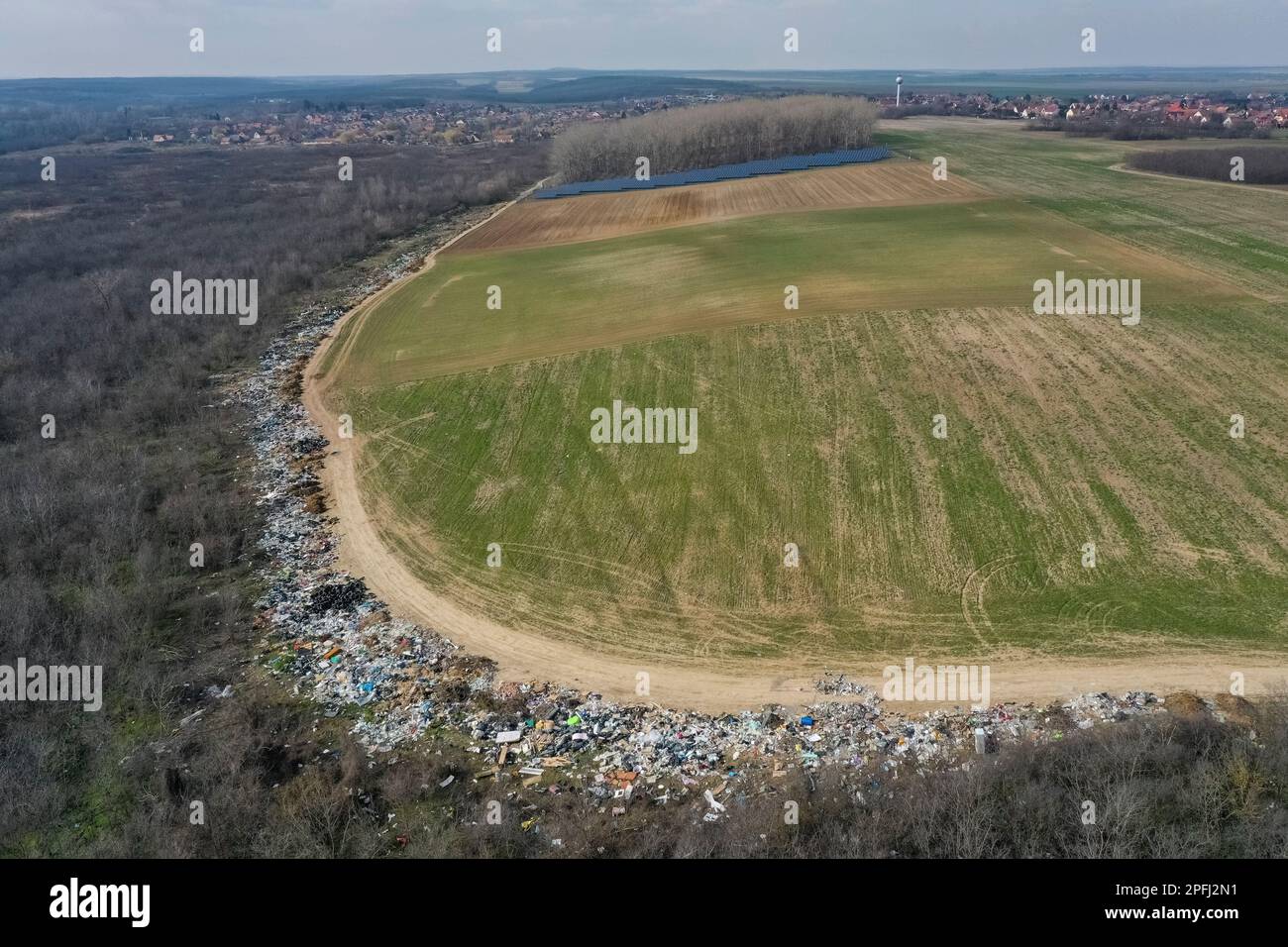 Amazing ecological pollution in Hungary. Near a town, there is a lot of ...
