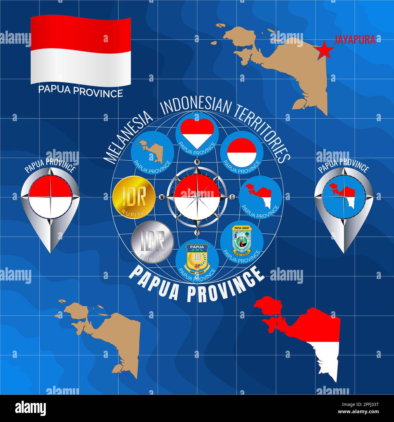 Set of illustrations of flag, outline map, icons of PAPUA PROVINCE ...