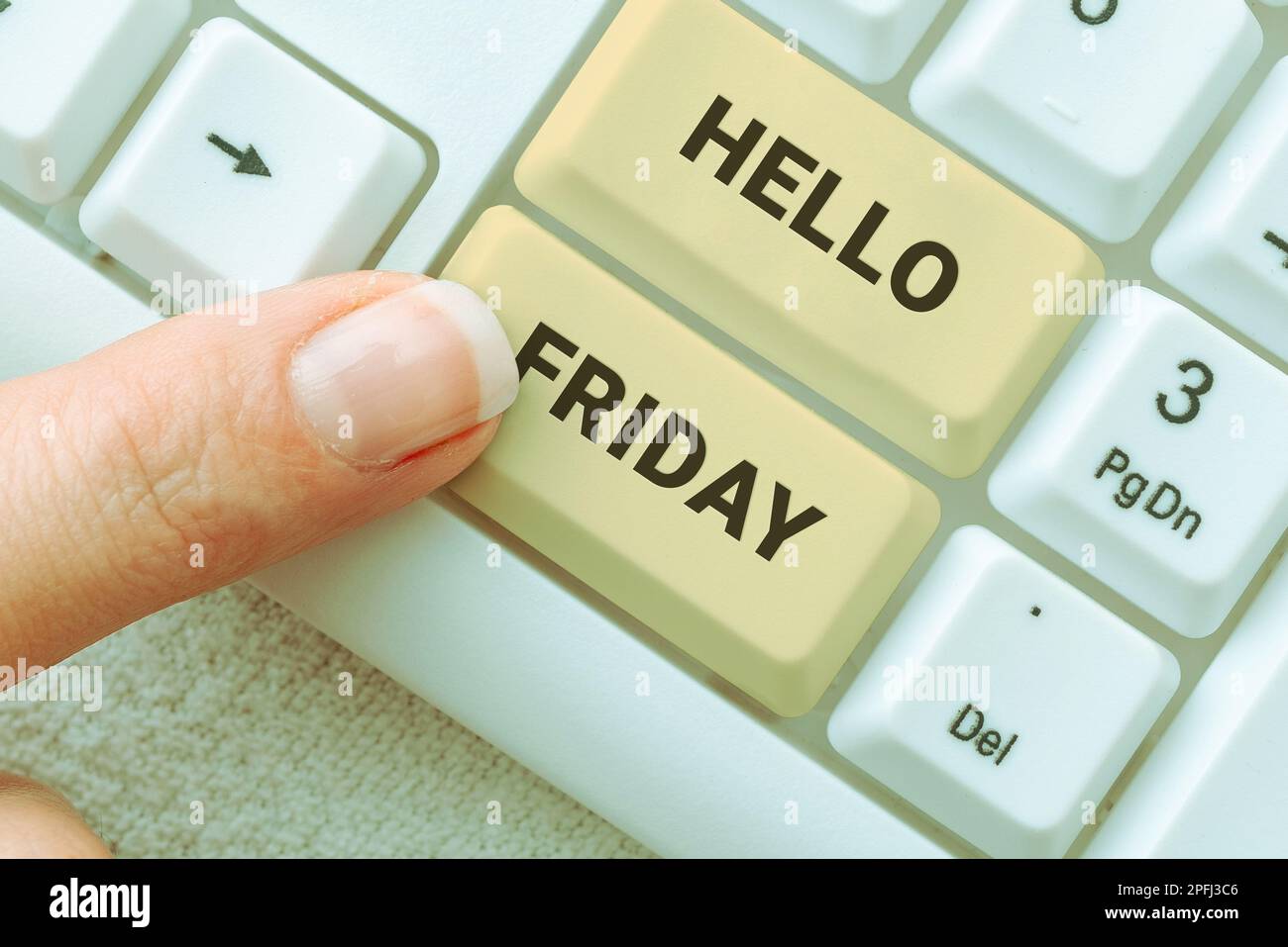 Hand writing sign Hello Friday. Word for Greetings on Fridays because ...