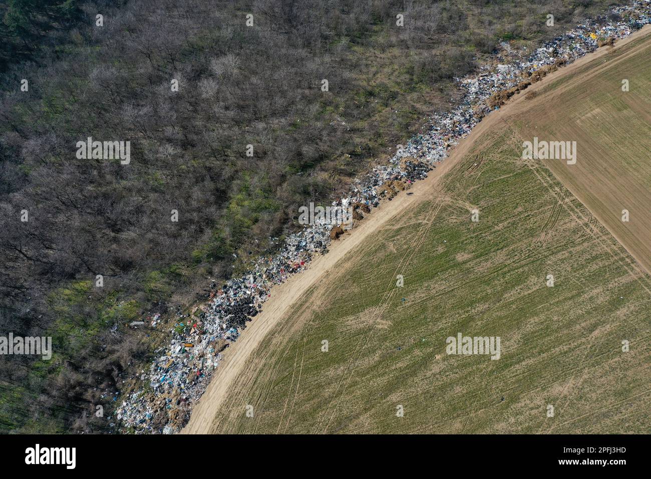 Amazing ecological pollution in Hungary. Near a town, there is a lot of ...