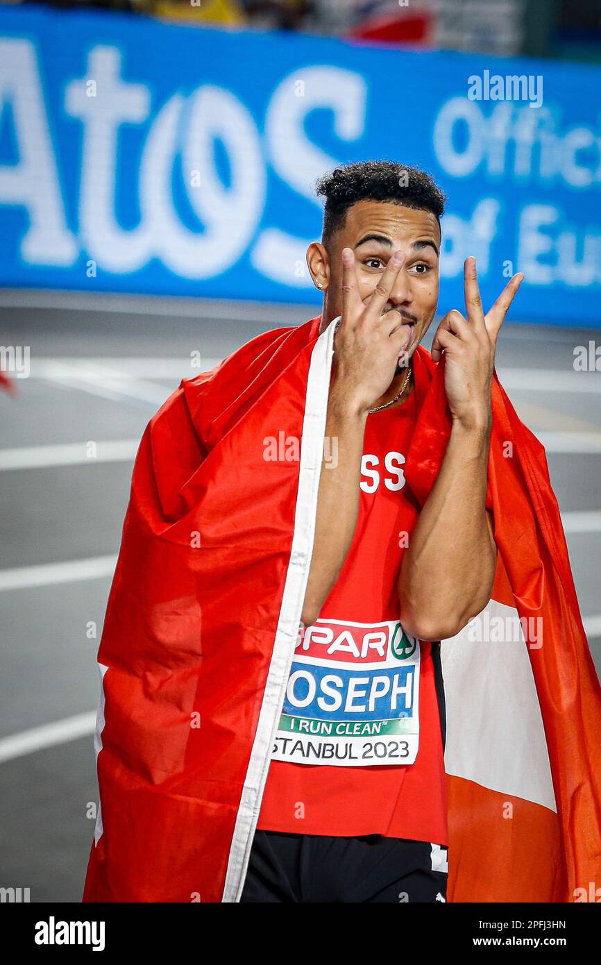 ISTANBUL, TURKEY - MARCH 05: Jason Joseph of Switzerland reacts in 60m ...