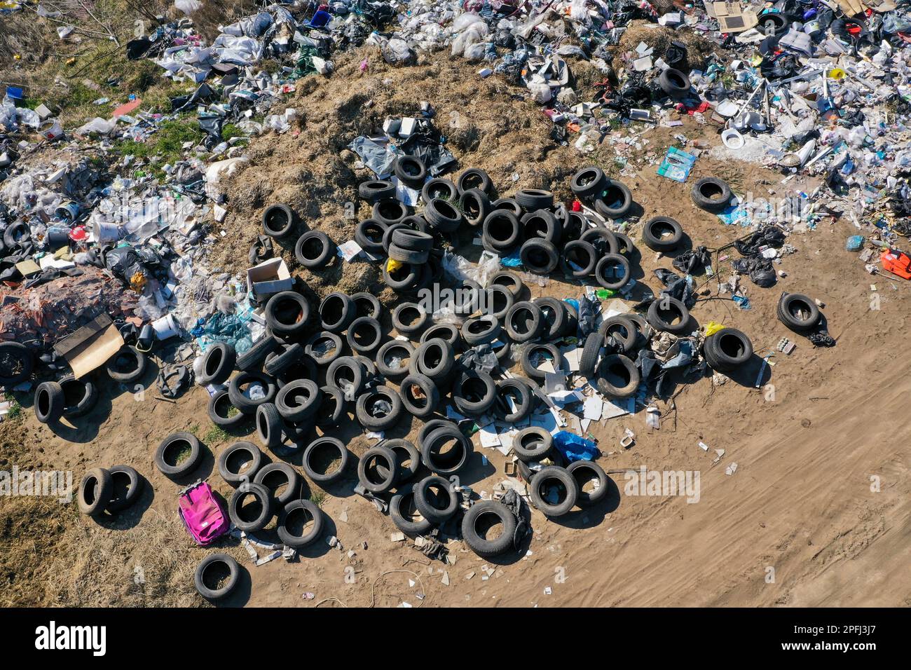 Amazing ecological pollution in Hungary. Near a town, there is a lot of ...