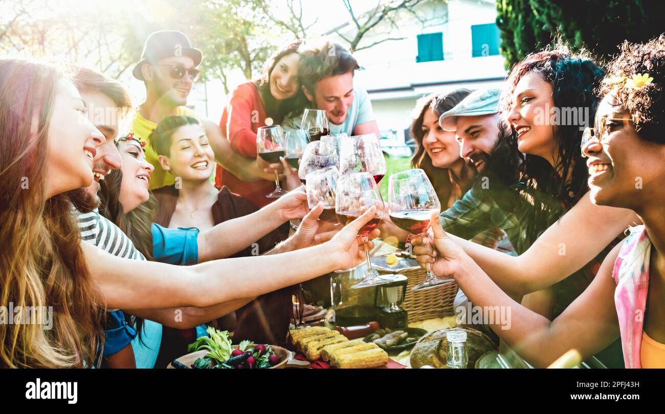 People Group Toasting Red Wine Having Fun Outdoor Cheering At Bbq