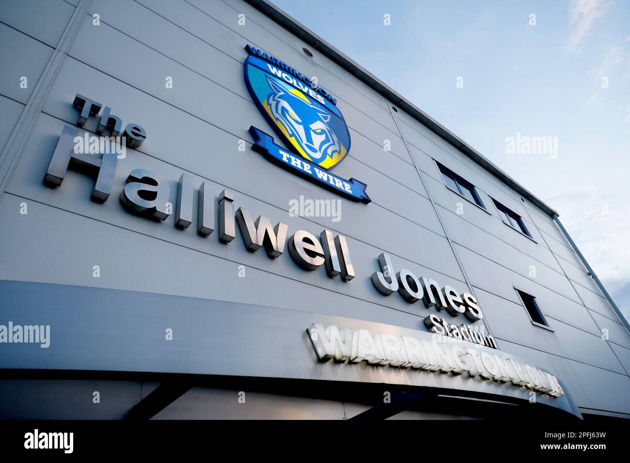 Signage outside the Warrington Wolves Halliwell Jones Stadium before ...