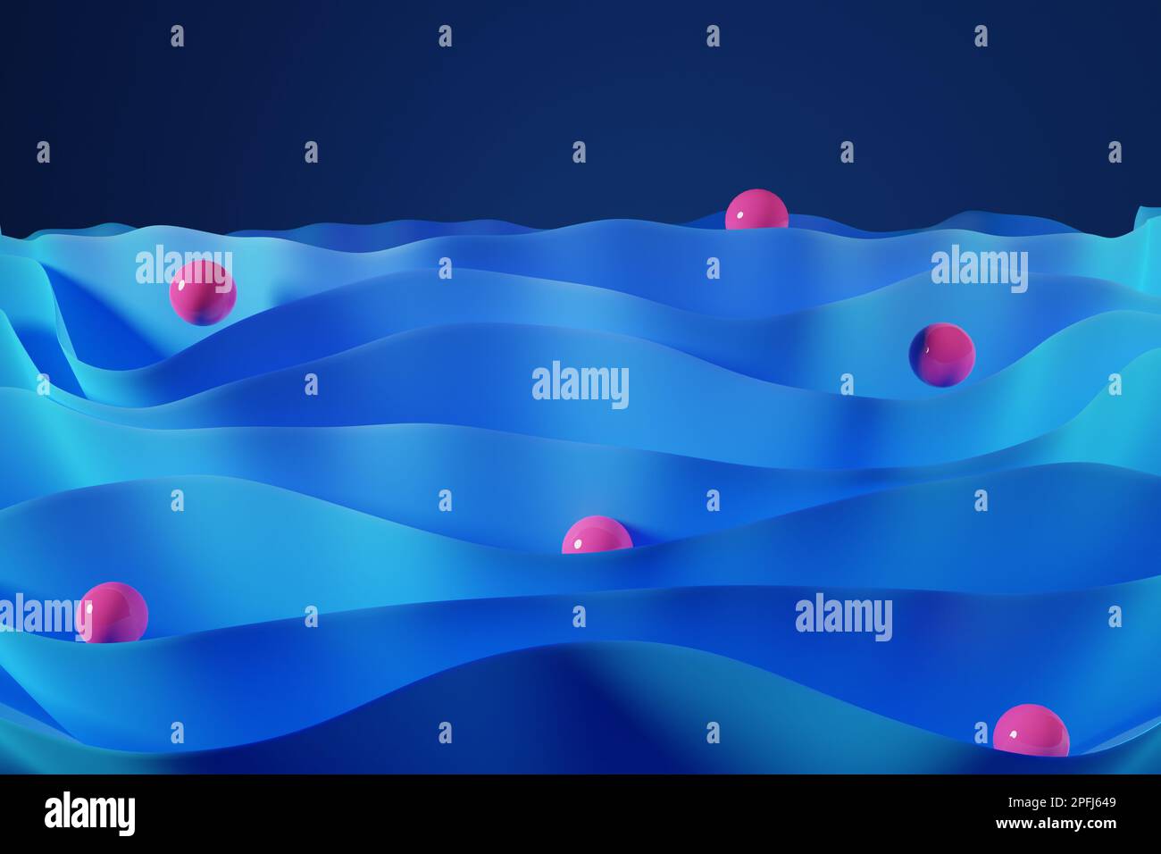 Blue fabric wavy surface with pink glossy spheres floating inside ...