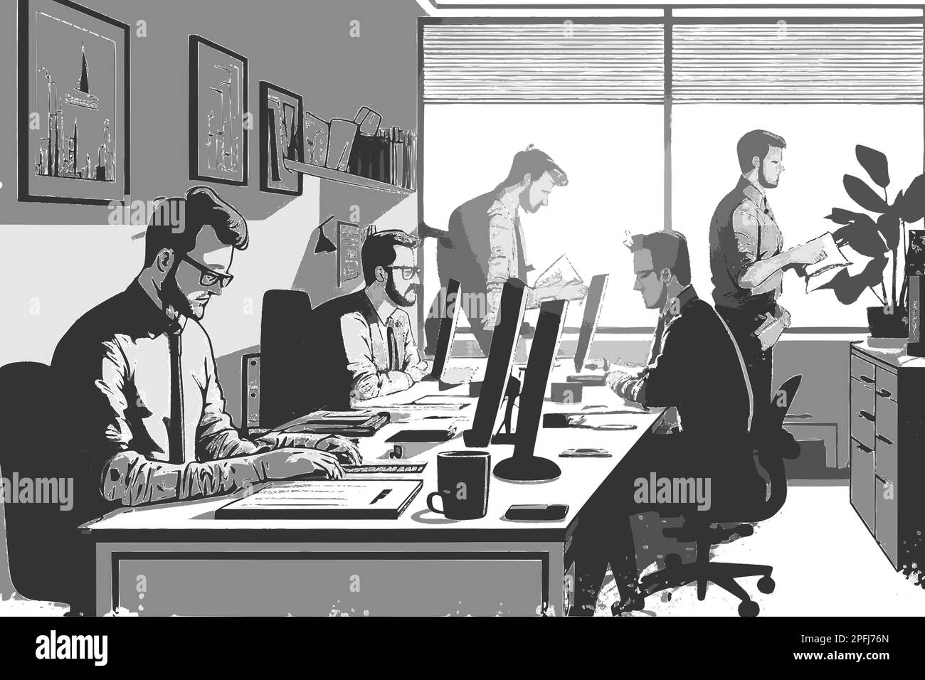 Office worker working computer in Black and White Stock Photos & Images ...