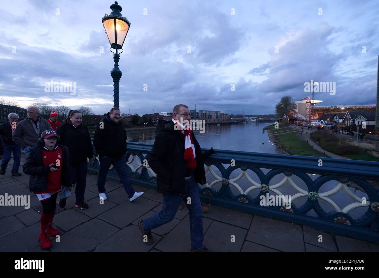 Nottingham Forest fans walk over Trent Bridge towards the ground ahead ...