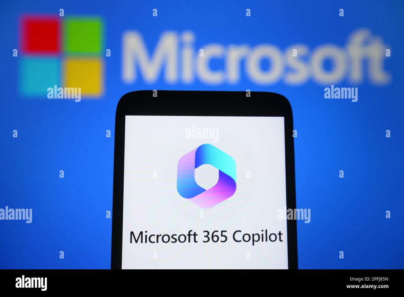 In this photo illustration, a Microsoft 365 Copilot logo is seen on a ...