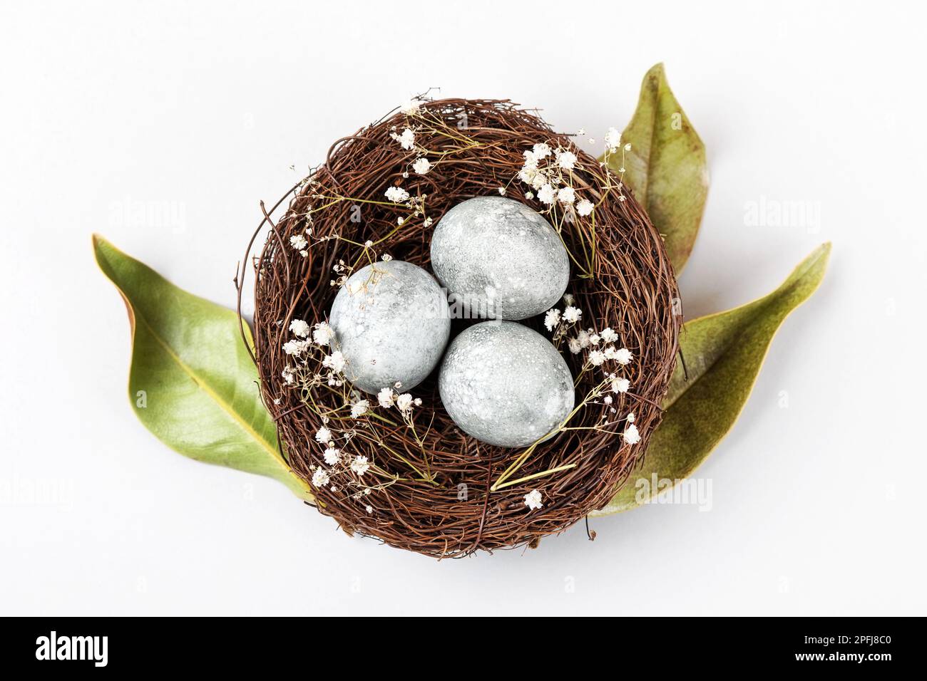 Minimalistic Easter concept. Brown nest of twigs with three gray Easter ...