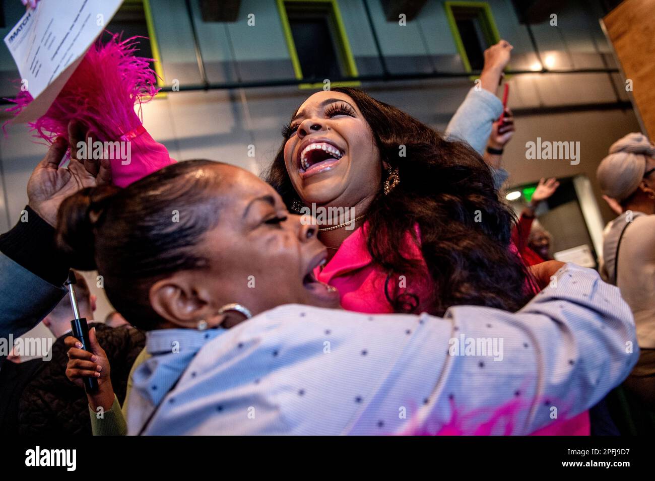 Ariel Johnson of Detroit screams out joyously as she opens her envelope ...