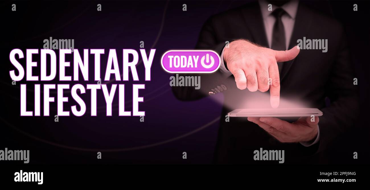 Hand writing sign Sedentary Lifestyle. Concept meaning ways and means ...