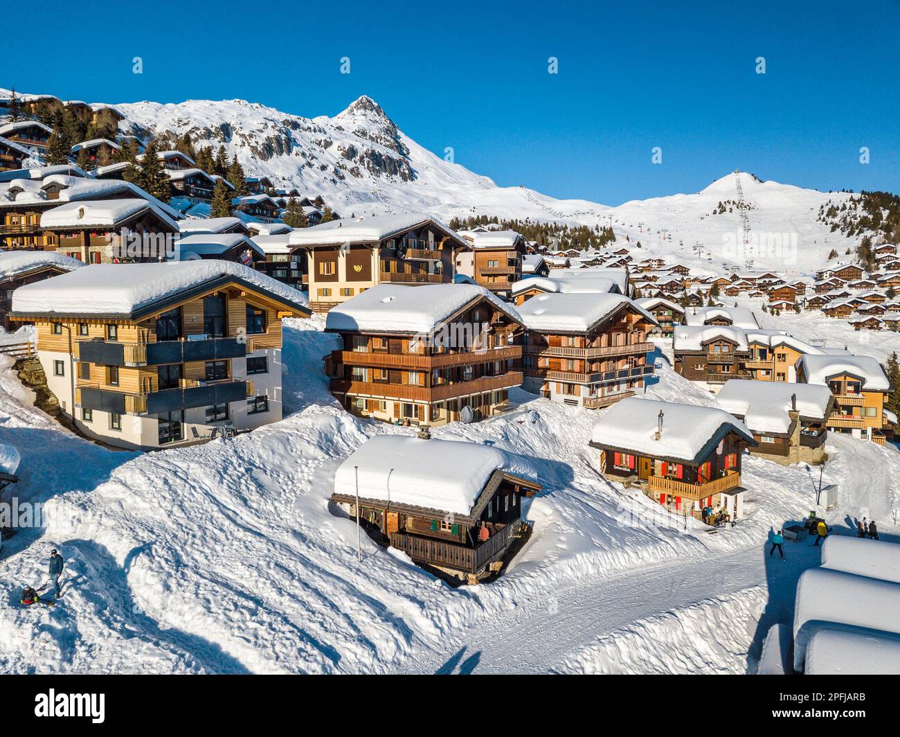 Bettmeralp, Switzerland - February 20. 2021: Aerial image of Swiss alps ...
