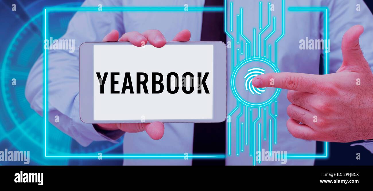 Text sign showing Yearbook. Business idea publication compiled by ...