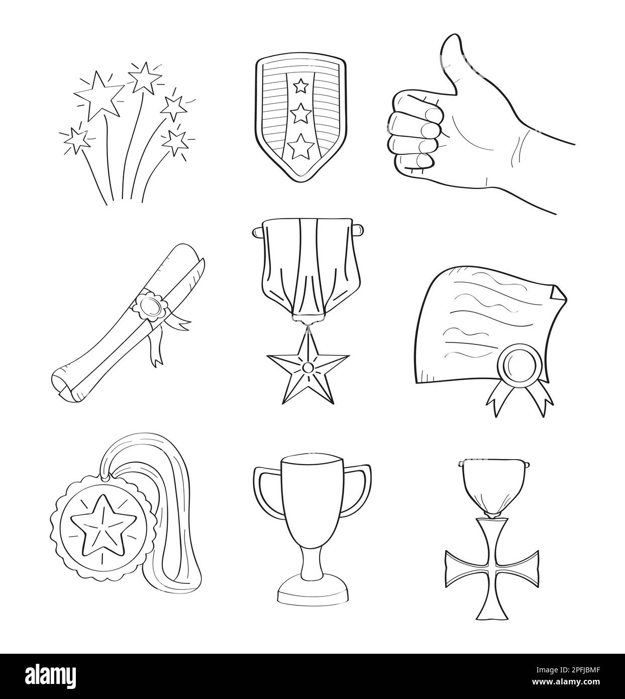 First place doodle icon. Winner prize, champion cup, ribbon in hand ...