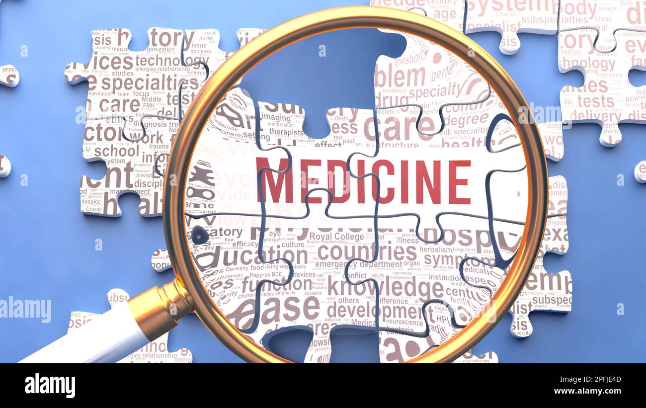 Medicine being closely examined along with multiple vital concepts and ...