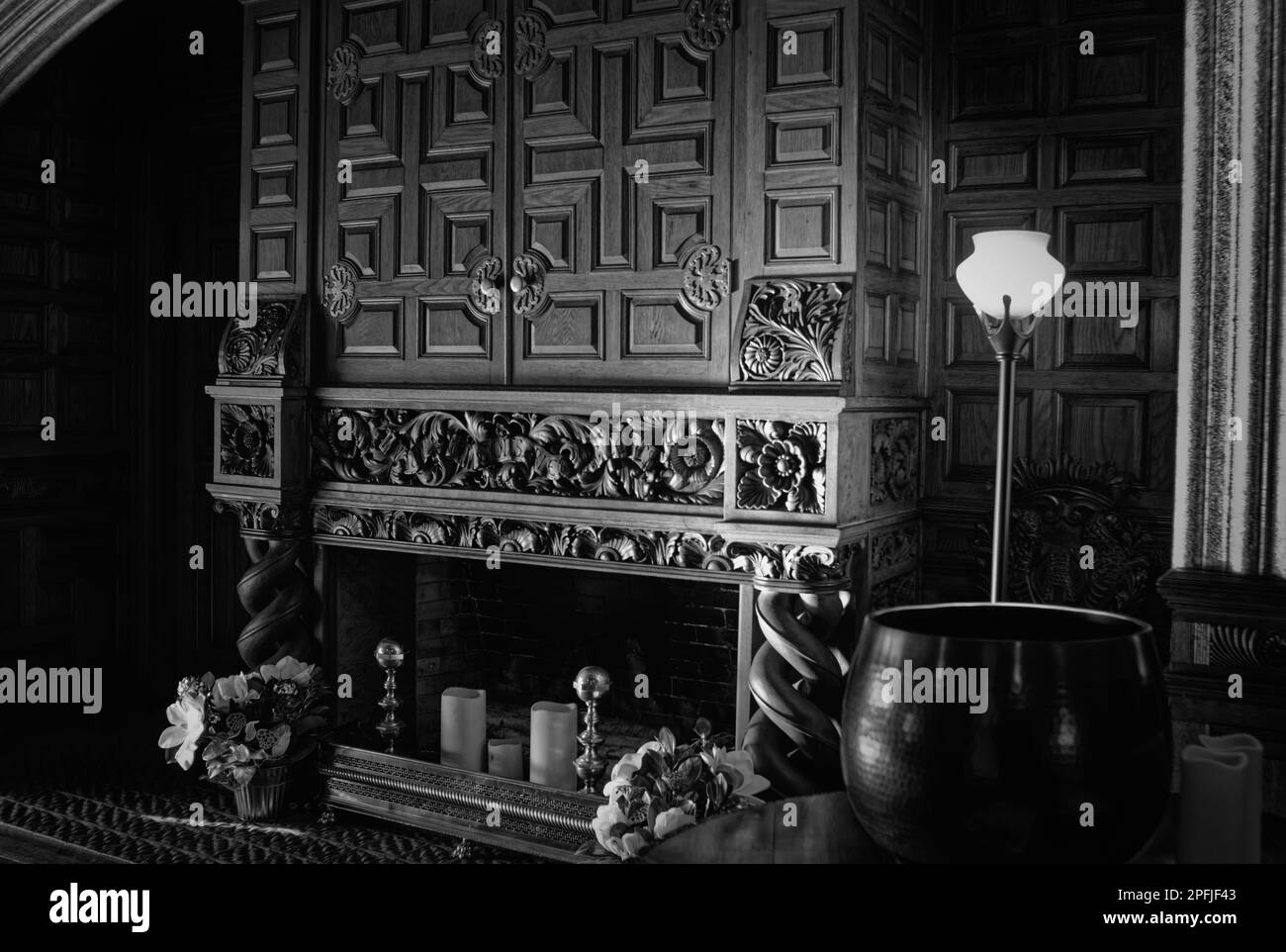 A massive and ornate fireplace dominates the Living Hall at the 1878 ...