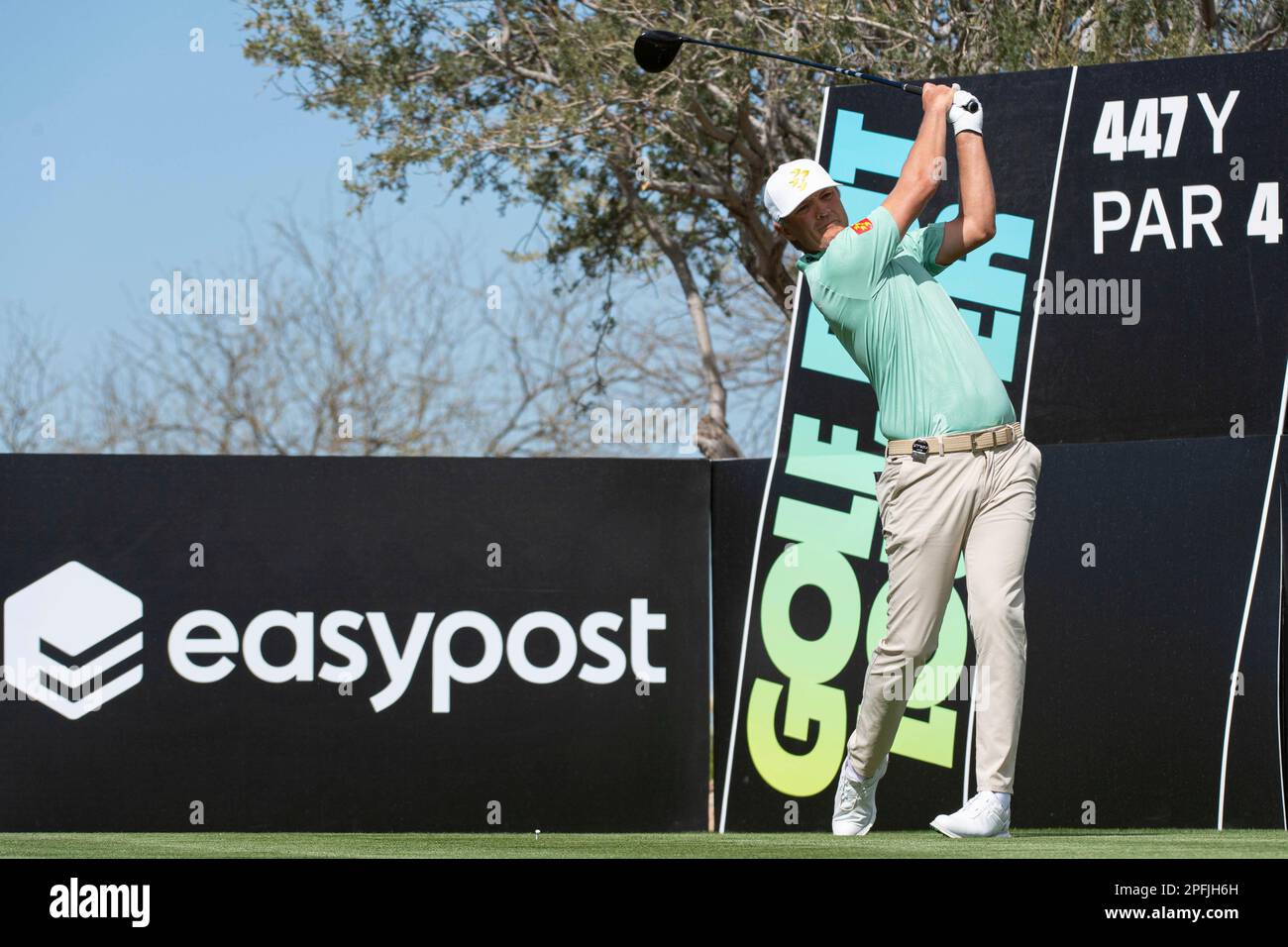 Matt Jones of Ripper GC hits his shot on the 18th hole during the first ...