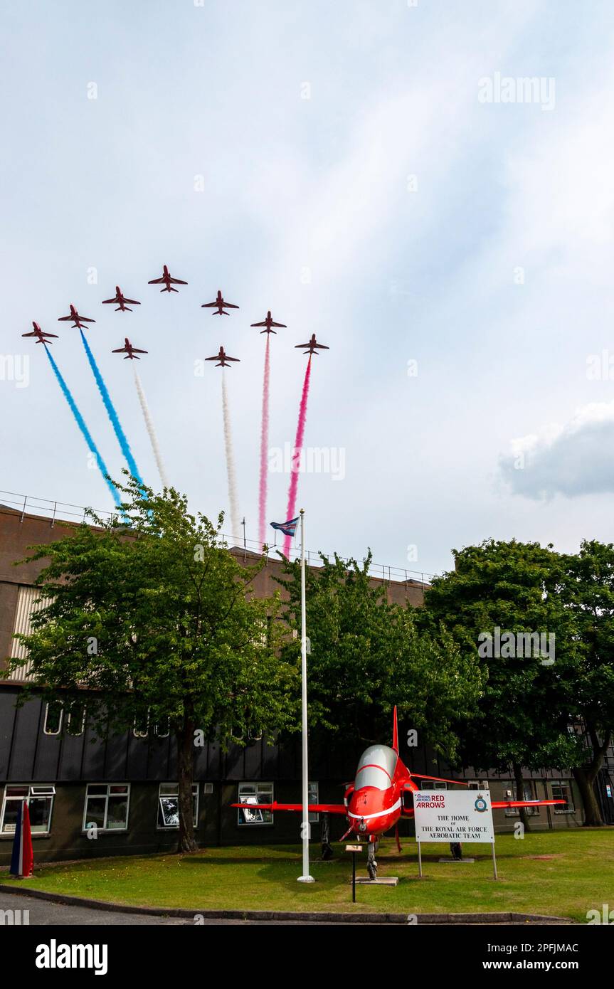 Royal Air Force Red Arrows display team BAe Hawk T1 jet planes arriving ...