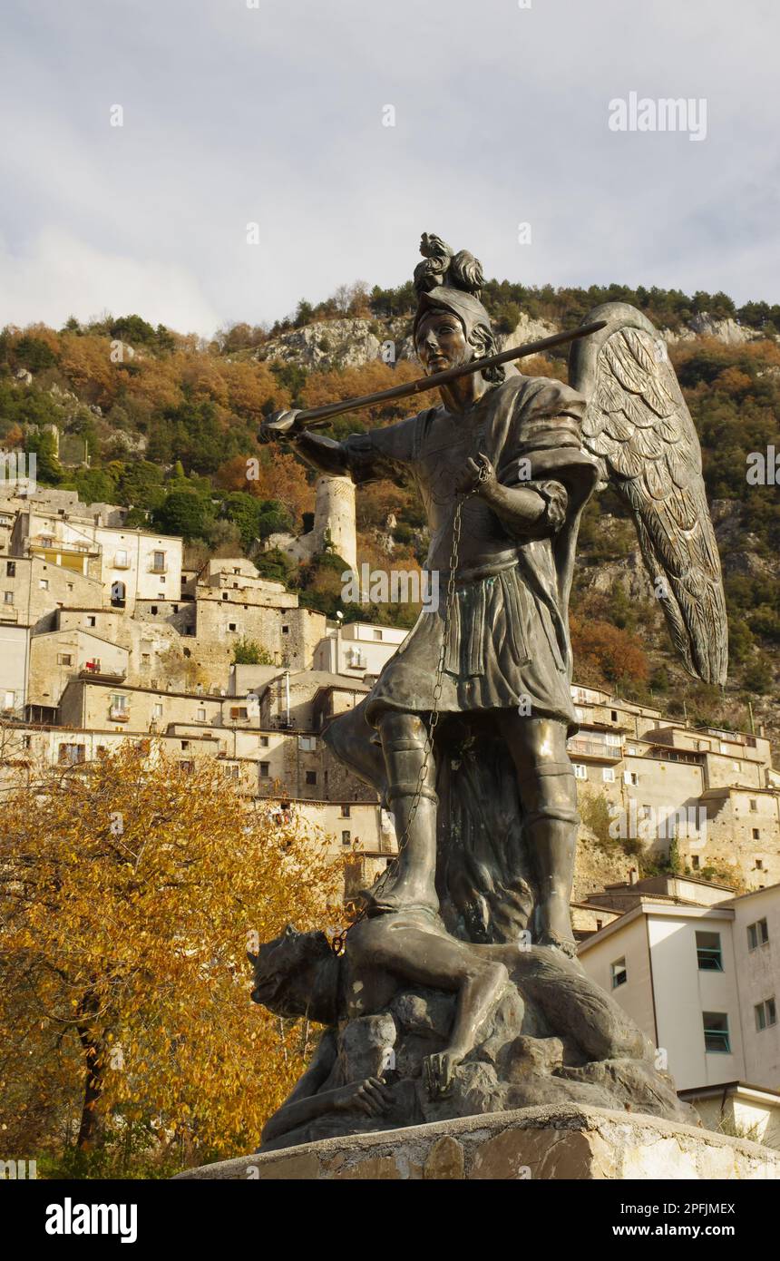 Pesche - Isernia - In the foreground the statue of San Michele and the ...