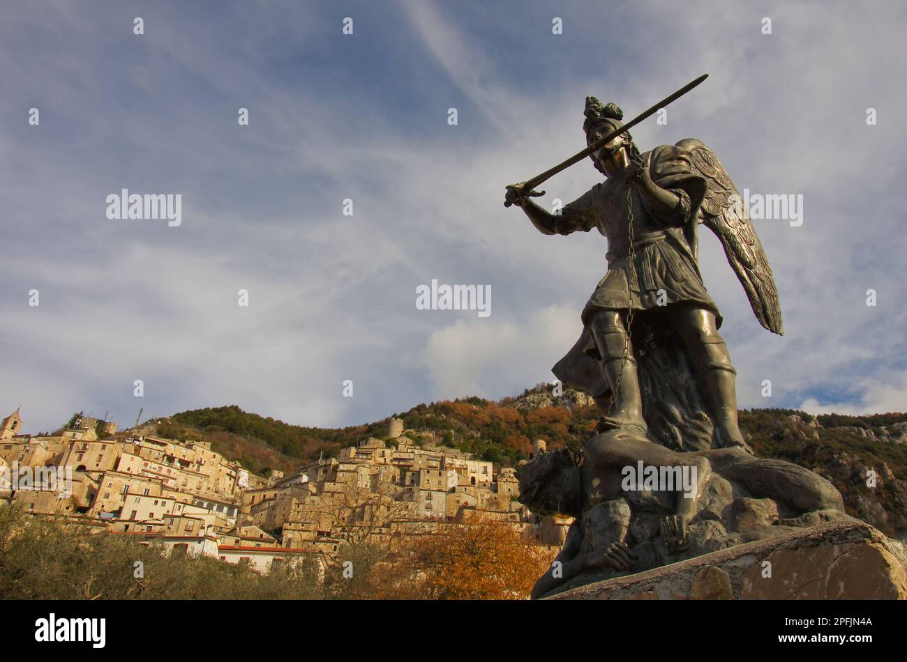 Pesche - Isernia - In the foreground the statue of San Michele and the ...