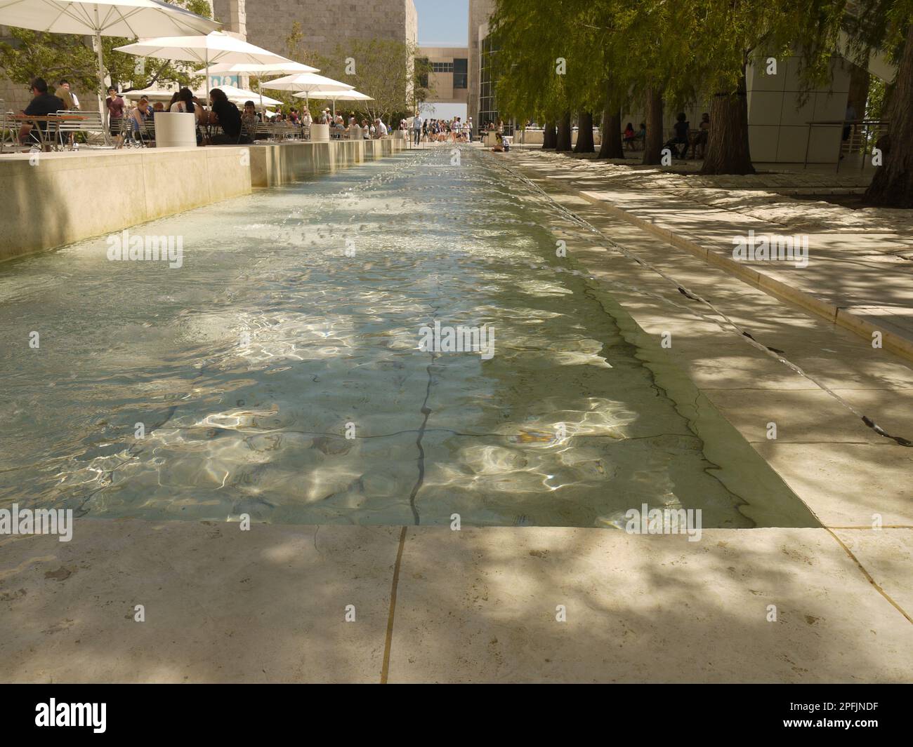 Getty Centre museum courtyard linear fountain shaded by Mexican cypress ...