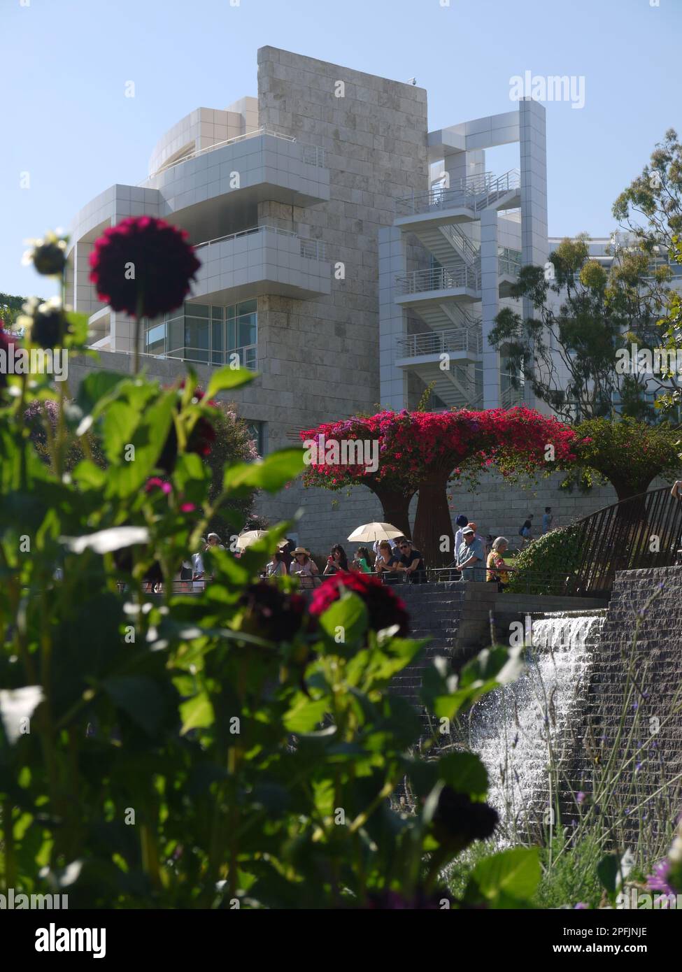 Getty Center Exhibitions Pavilion, waterfall and bougainvillea trellis ...