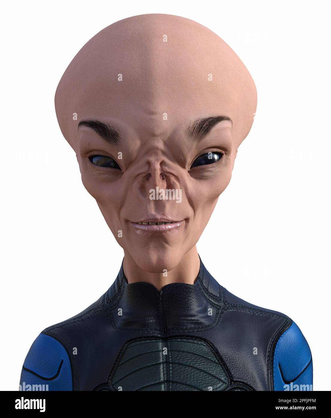 3d illustration of an alien being with black eyes and eyebrows smiling ...