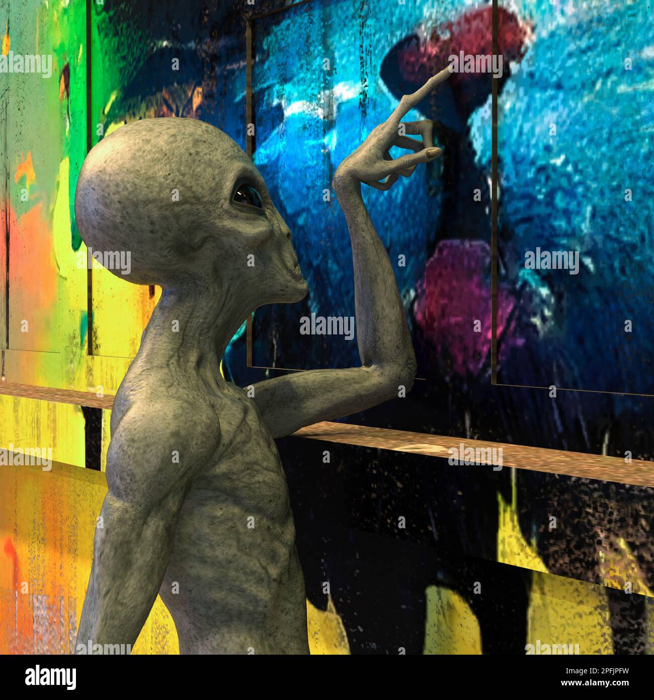 3d illustration of a gray alien studying and touching graffiti on a ...