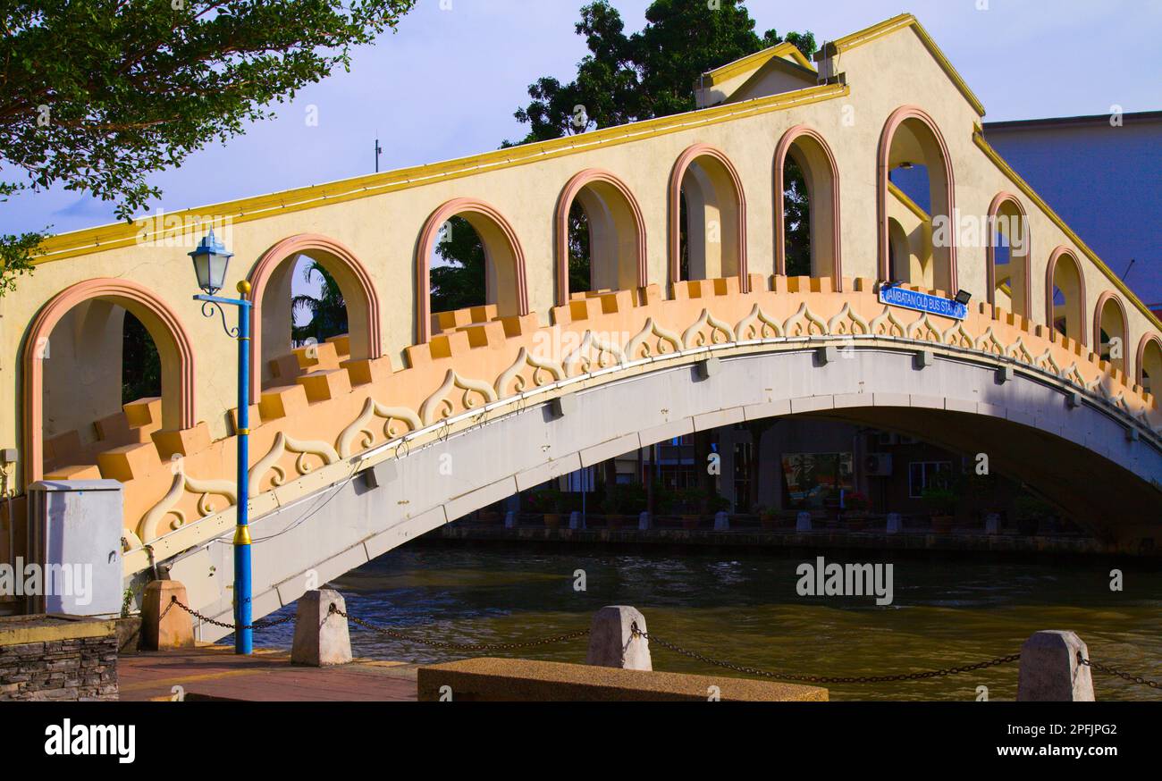 Malaysia, Melaka, Malacca, Persisiran Bunga Raya Bridge, Melaka River ...