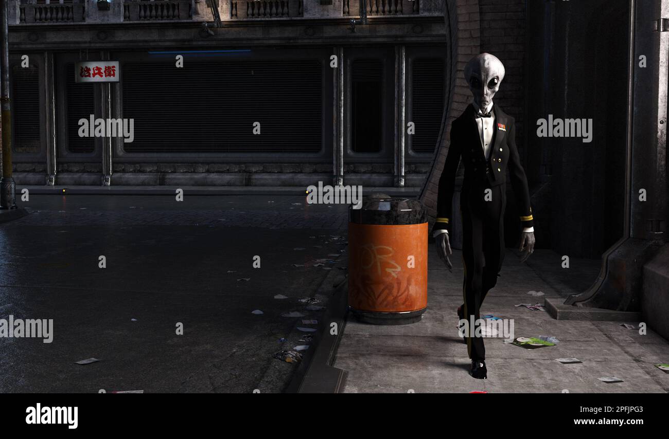 3d illustration of a gray alien wearing a tuxedo walking on a dark ...