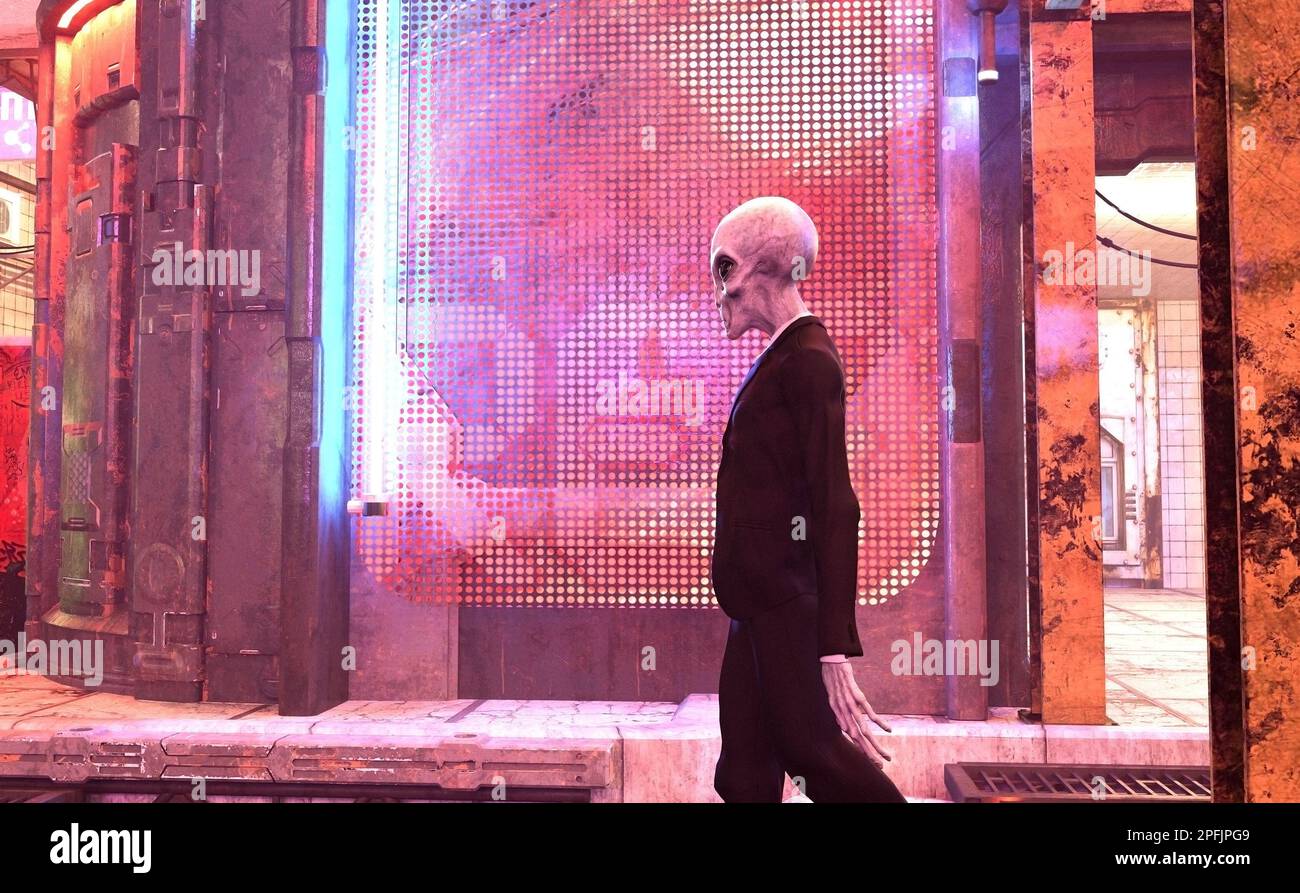 3d illustration of a gray alien wearing a suit walking on a neon lit ...