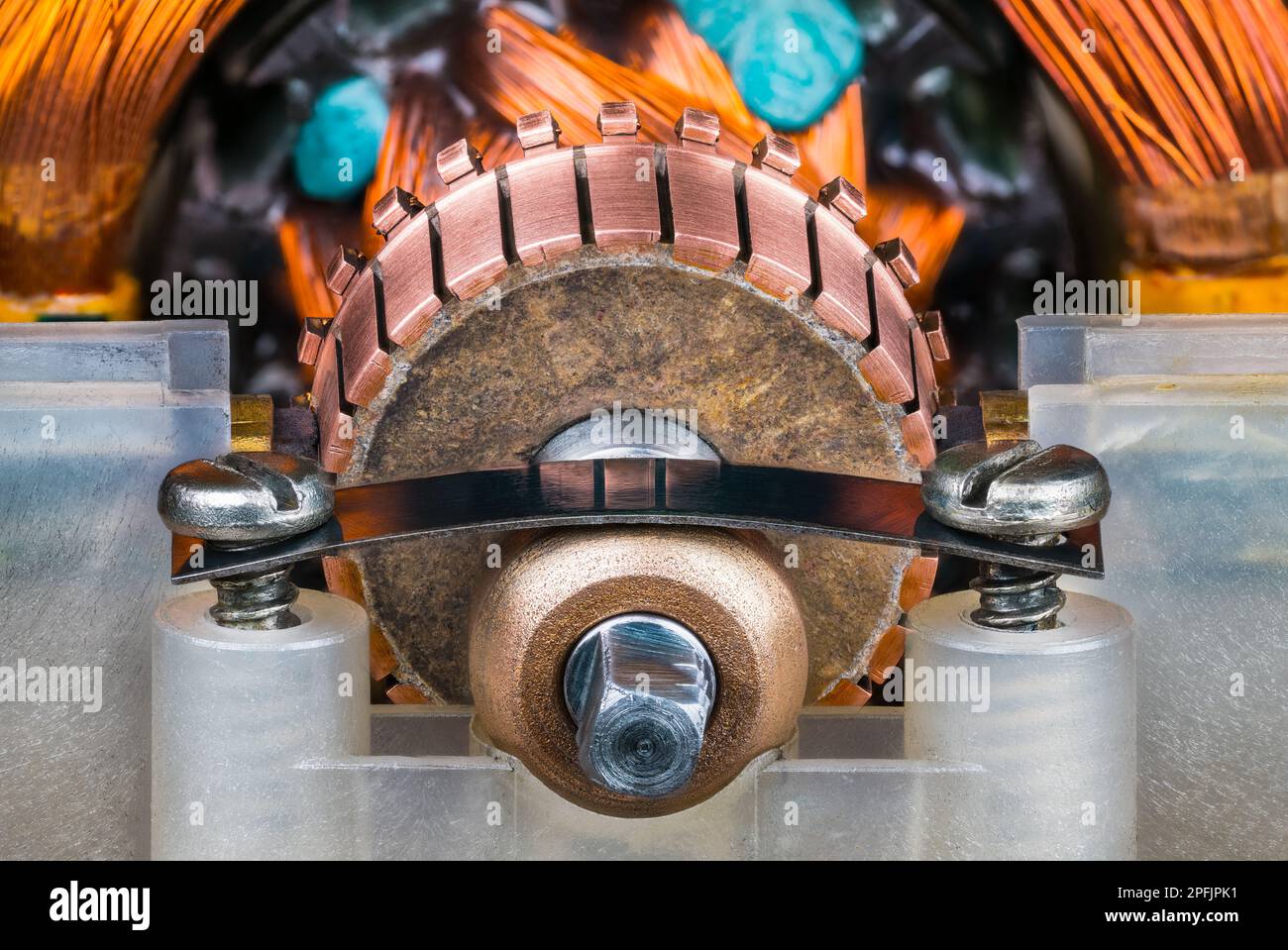 Closeup of commutator copper segments and plain bearing in bronze ...