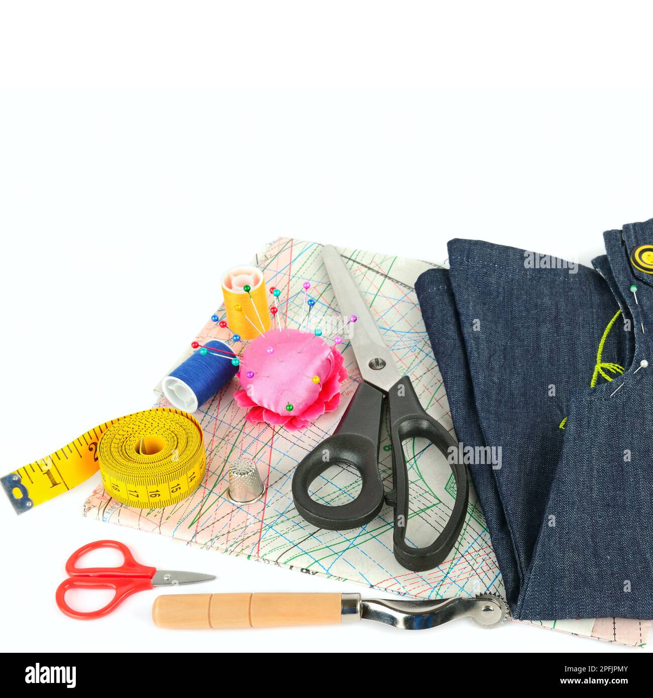 Sewing accessories and paper pattern isolated on white background. Flat ...