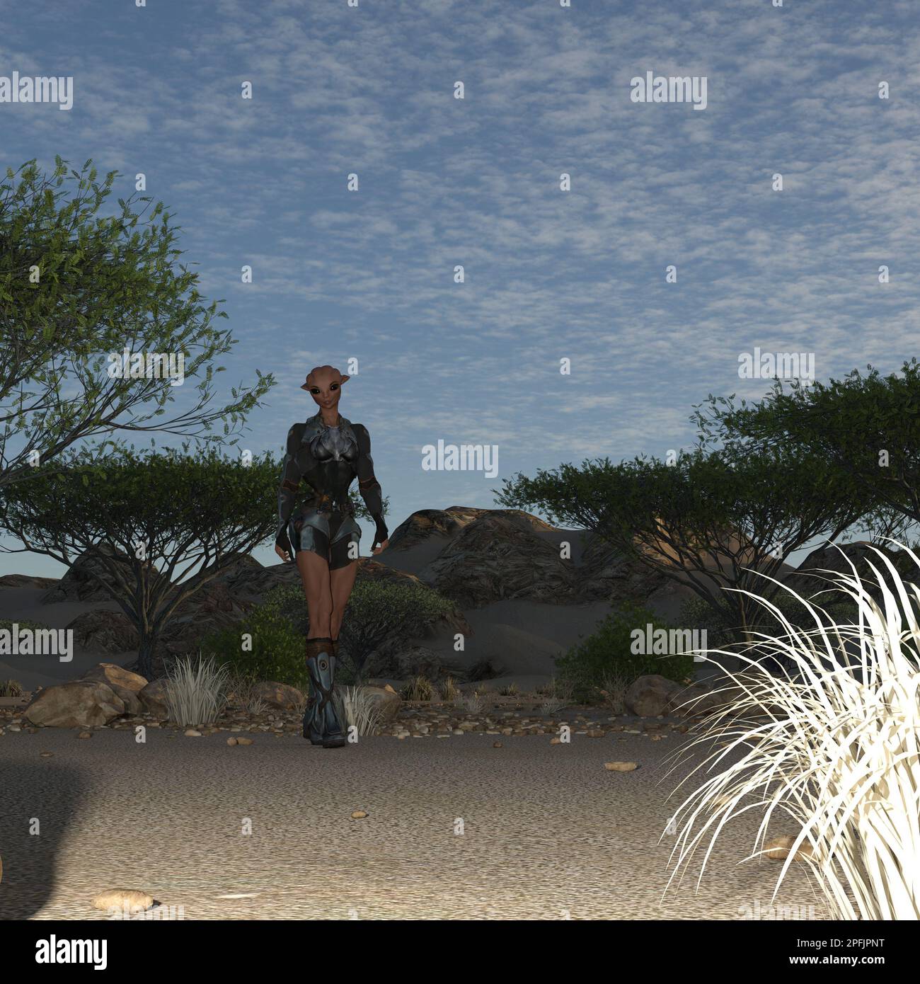 3d illustration of a muscular female alien walking into light on an ...