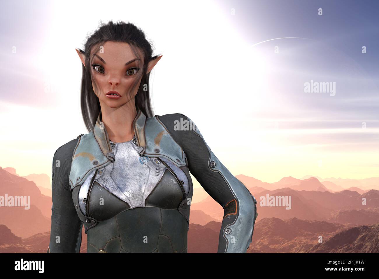 3d illustration of a pixyish alien with pointed ears and long hair ...