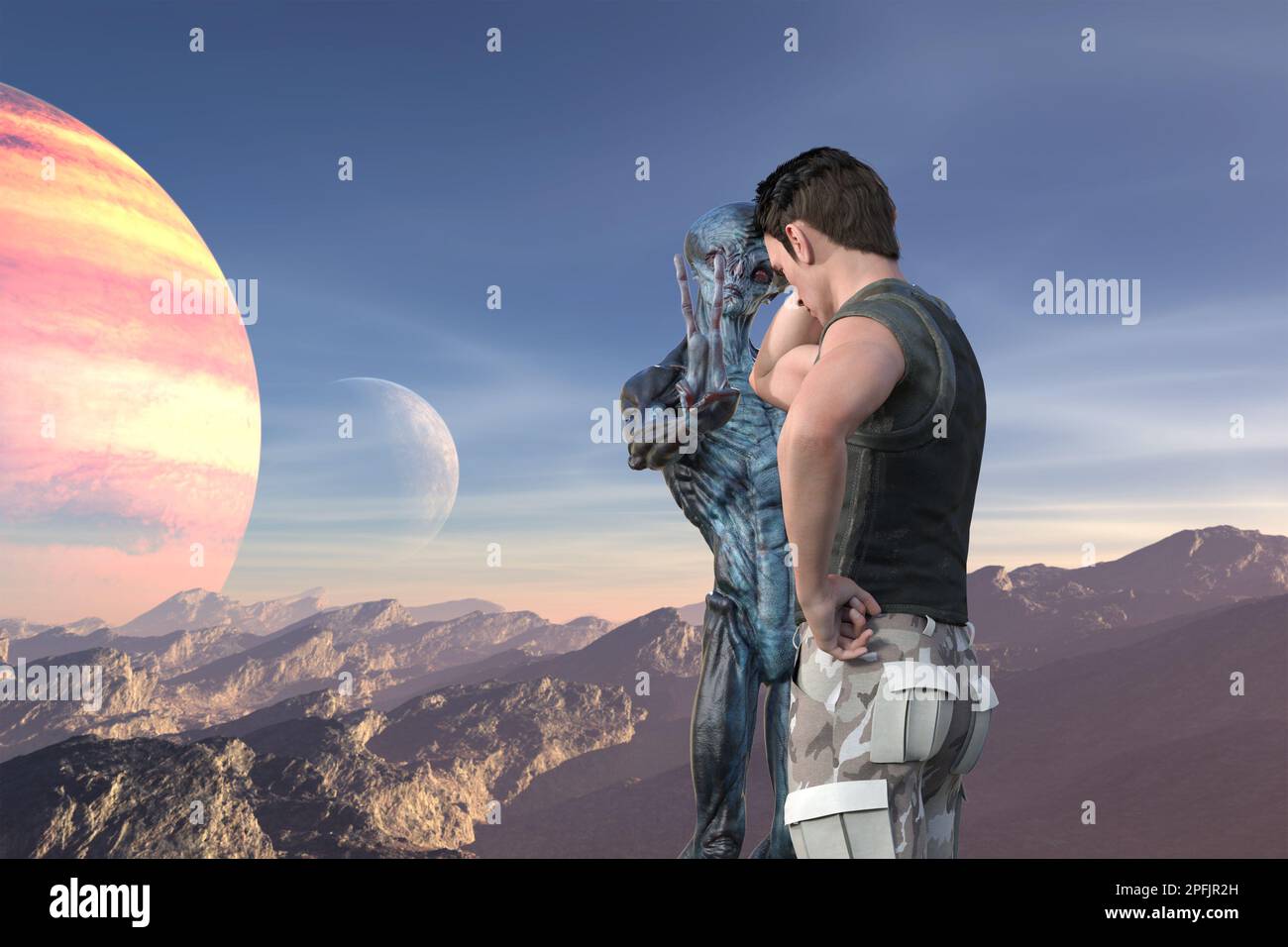 3d illustration of a human and an alien interacting on an alien world ...