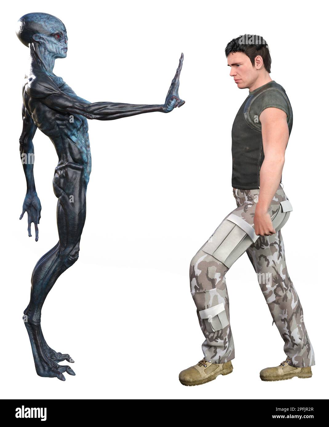 3d illustration of a blue alien with arm up stopping a human male in ...